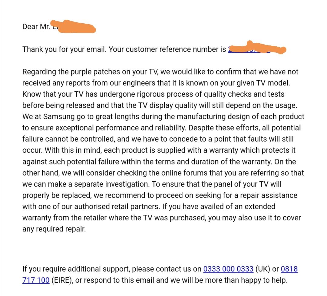 Purple patches on TV - Samsung Community