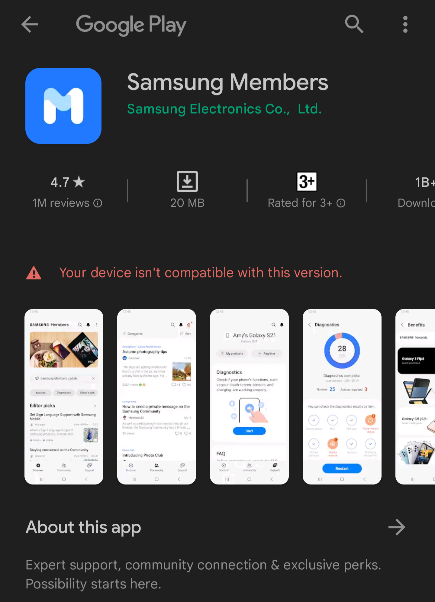 Samsung members app not downloadable - Samsung Community