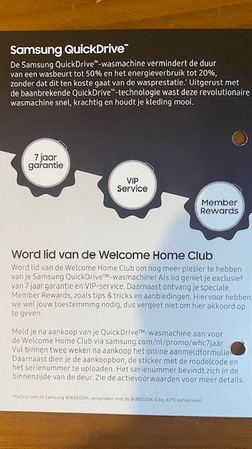 Samsung Members Welcome Home Club certificaat 7 jaar garantie en VIP ...