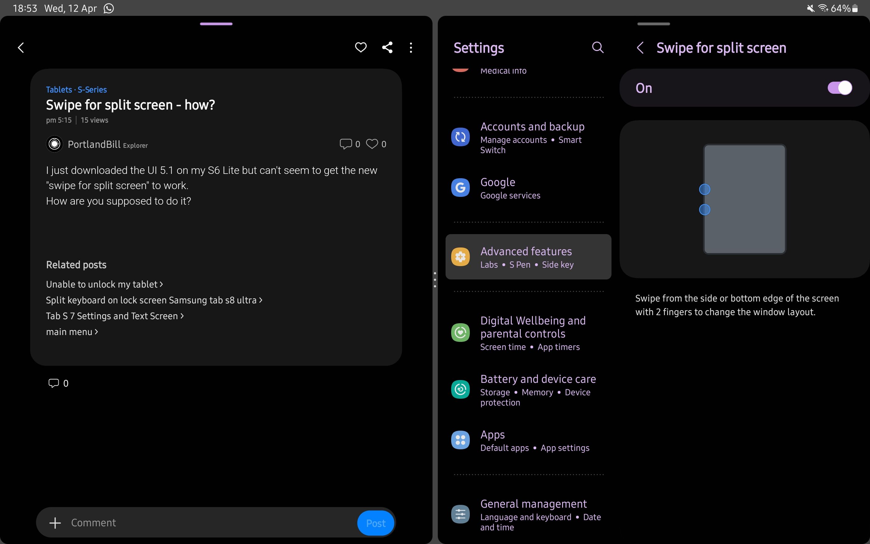 Solved: Swipe for split screen - how? - Samsung Community