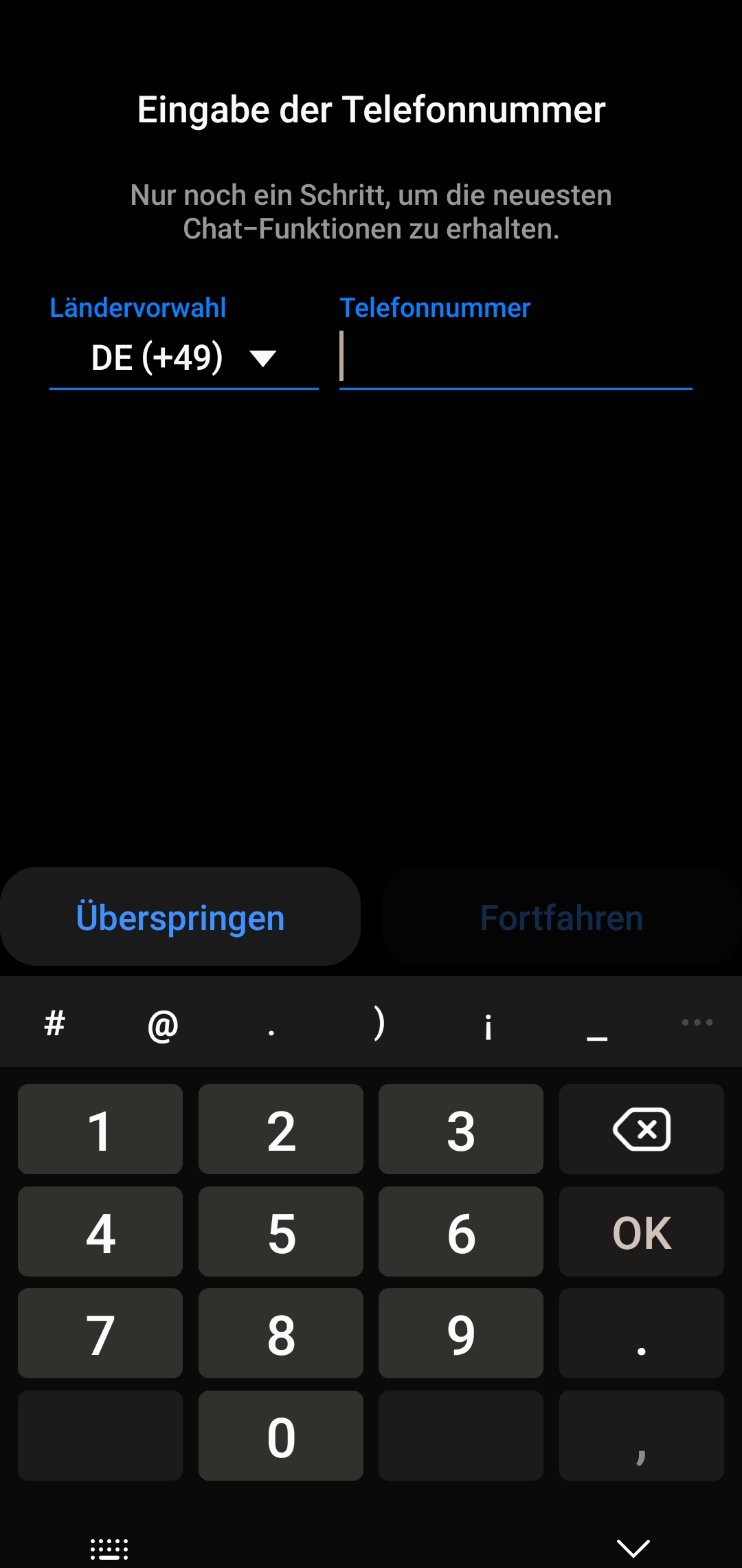 Nach Neustart jedes Mal Handy Nummer eingeben für Chat Funktion ...