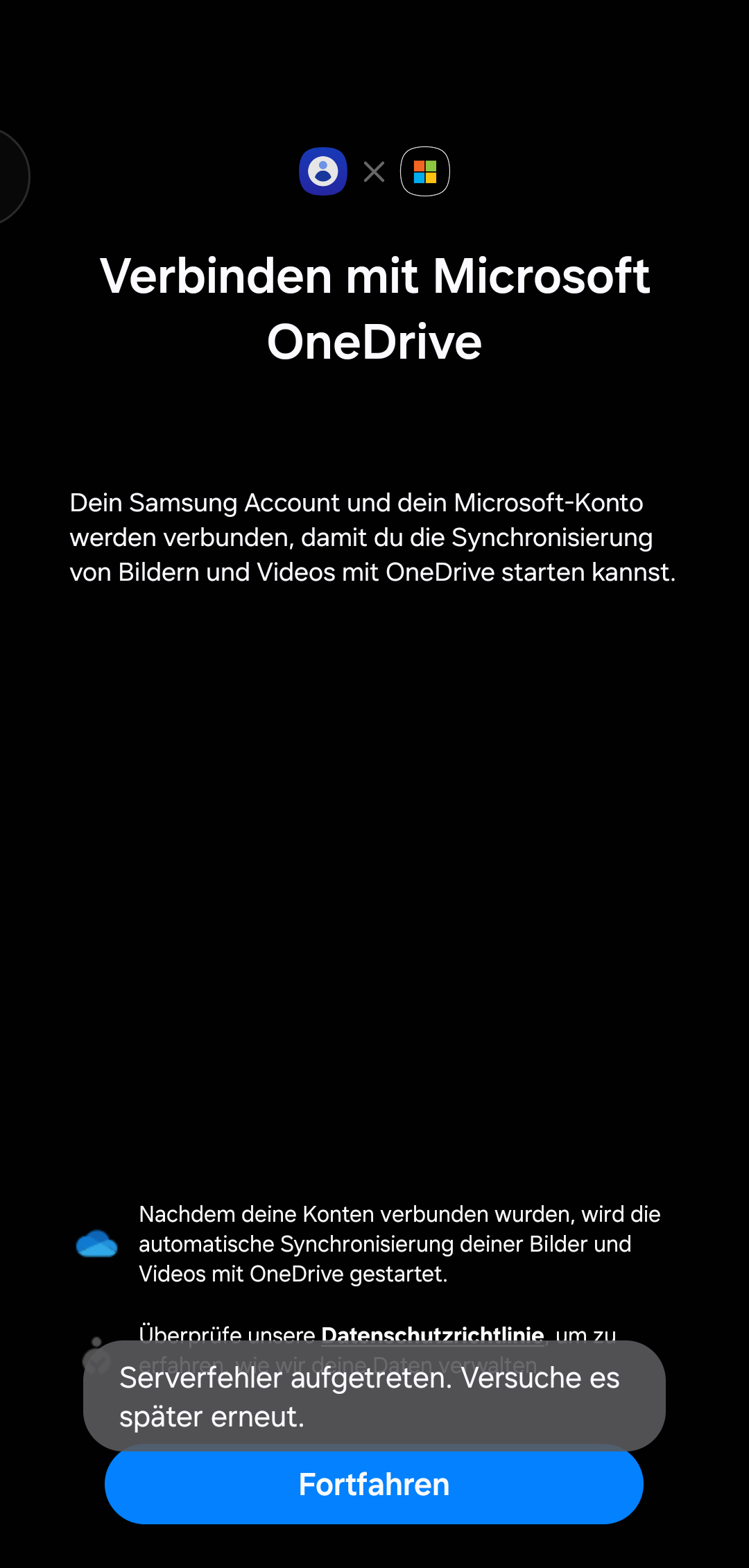 Verbindungsproblem mit OneDrive – Serverfehler - Samsung Community