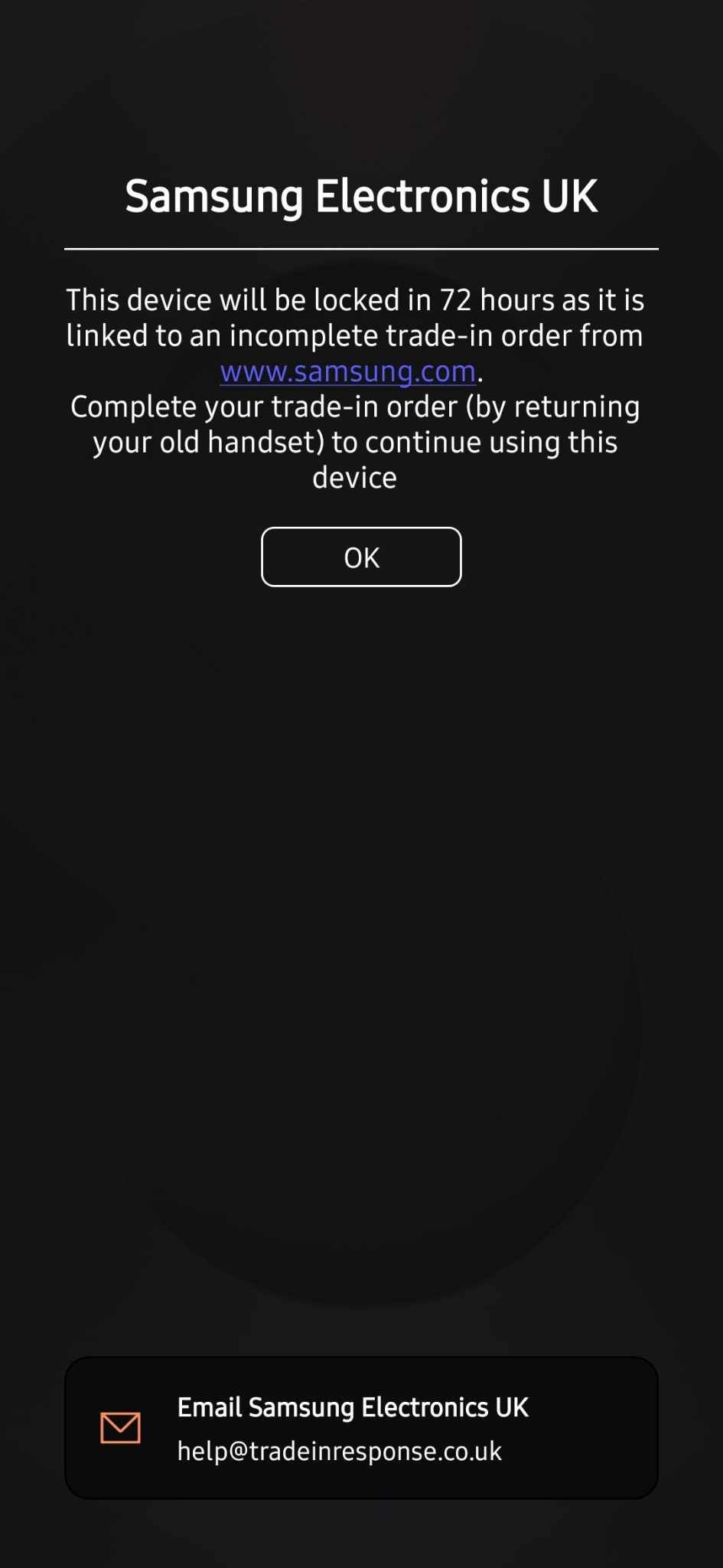 Pop Notification from Samsung - Phone is part of an incomplete trade-in ...