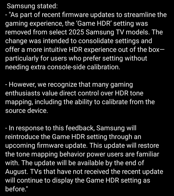 Game HDR setting disappeared after TV update (2024 S90D, Tizen 9.0/One ...